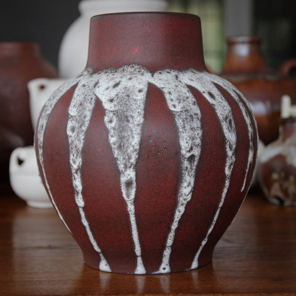 Steuler Dark Brick Globular Vase with Dripping Foamy White Overglaze ...