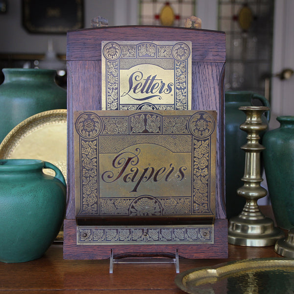 Edwardian English Oak and Enameled Brass "Letters & Papers" Wall Caddy ...